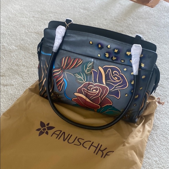 Anuschka | Bags | Anuschka Black And Blue Floral Shoulder Bag | Poshmark